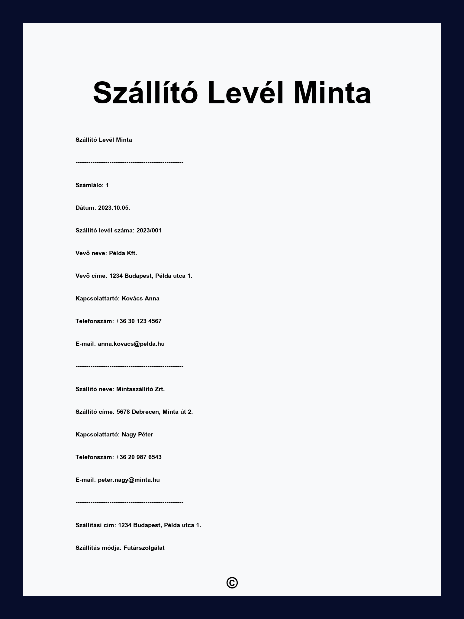 Szállító Levél Minta